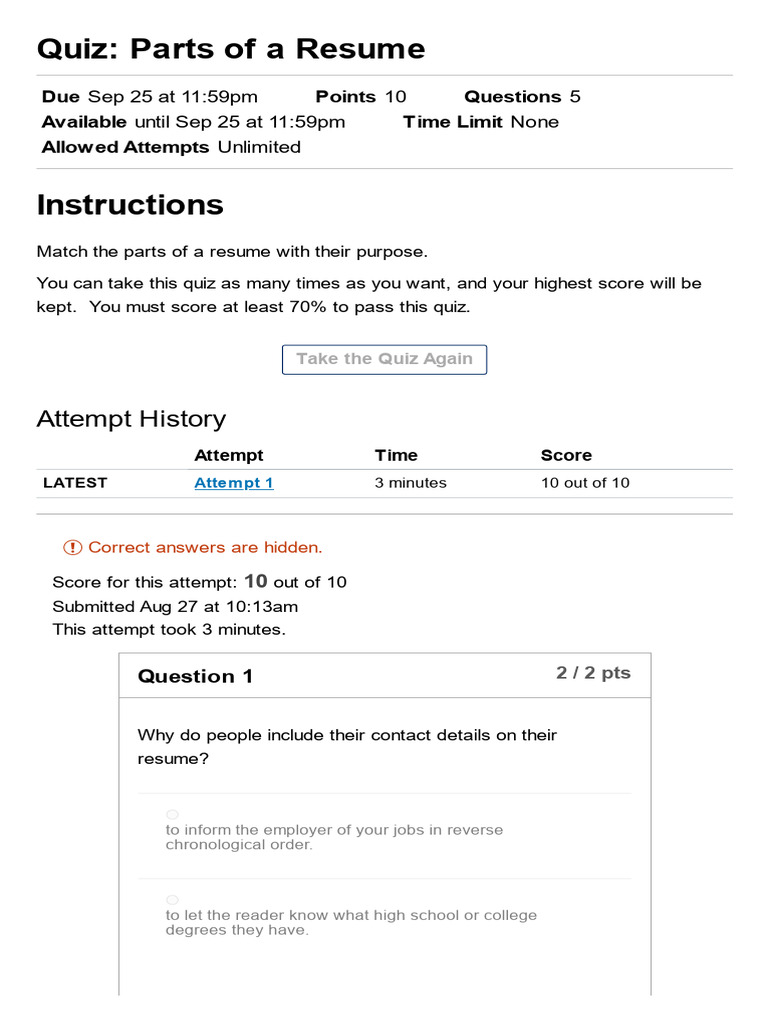 Quiz - Parts of A Resume - English For Career Development Summer 2023 ...