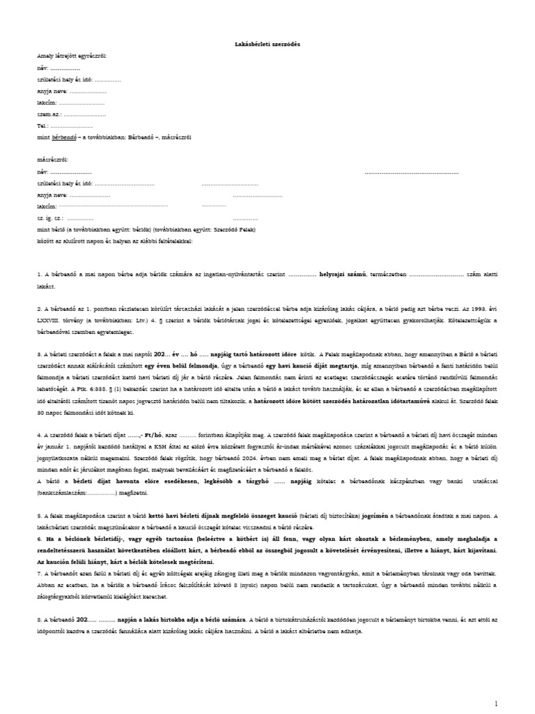 Lakásbérleti Szerződés (Minta) | PDF