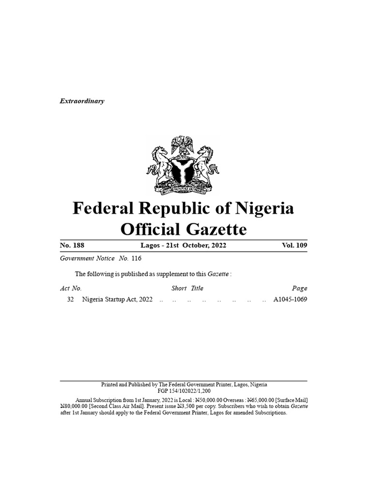 NIGERIA STARTUP ACT 2022 Final Publication | Download Free PDF ...