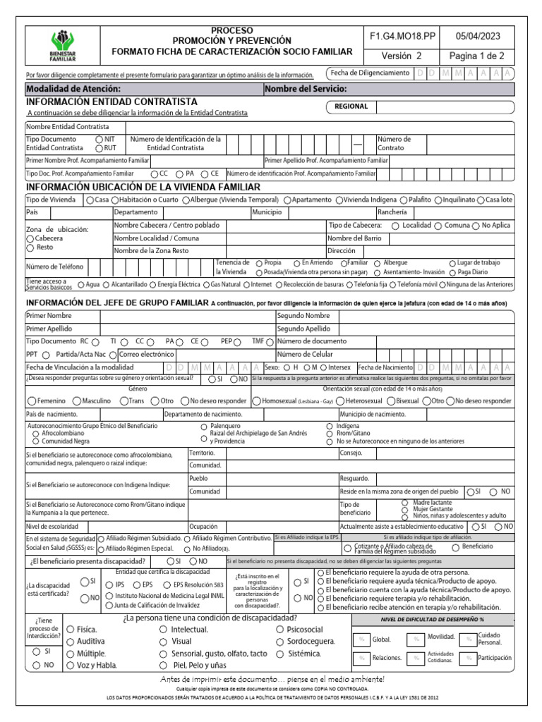F1.g4.mo18.pp Formato Ficha Caracterizacion Socio Familiar 2023 V 2 | PDF | Orientación sexual ...