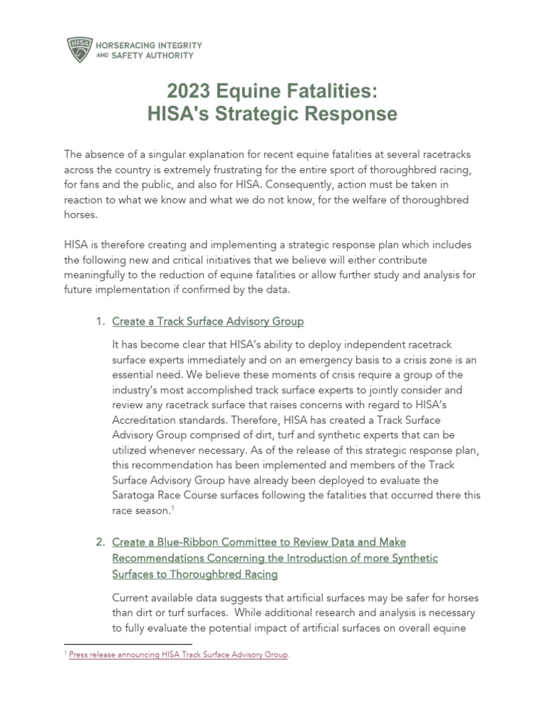 2023 Equine Fatalities HISAs Strategic Response | PDF | Horse Racing ...