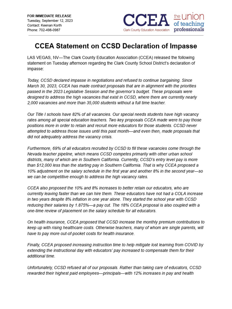 9/12/23: CCEA Statement On CCSD Declaration of Impasse | PDF | Salary ...