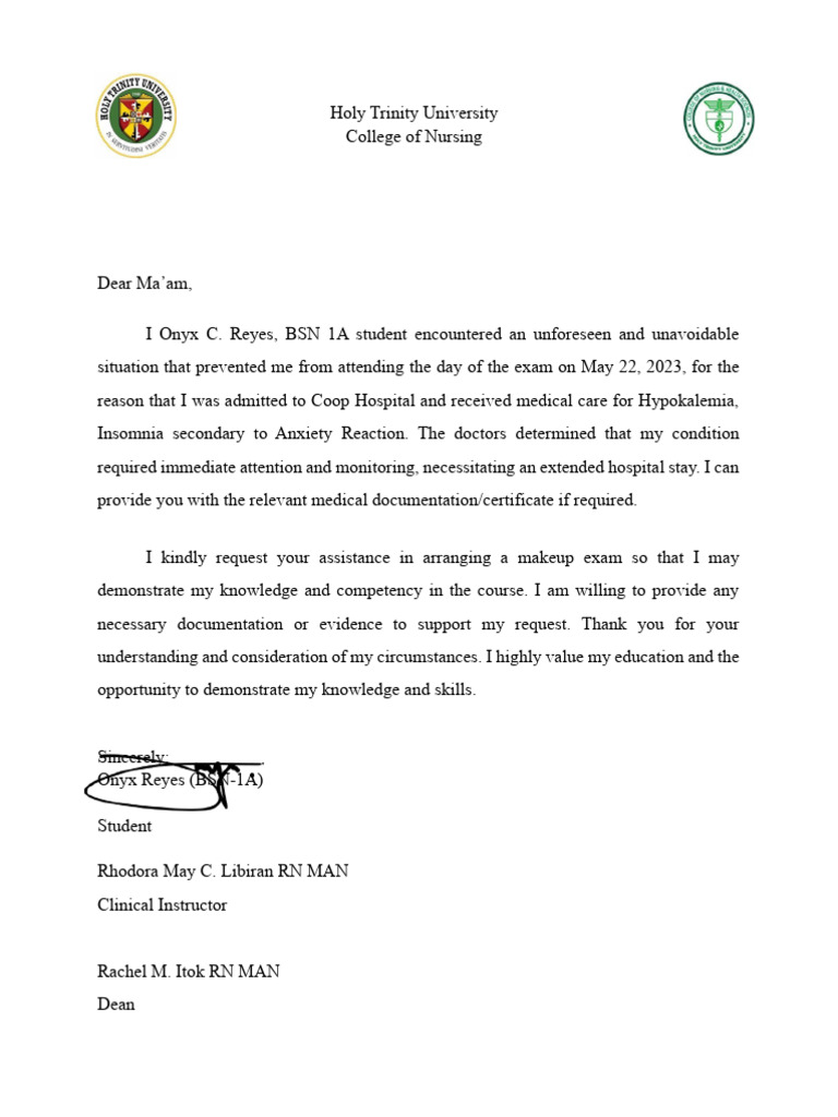 Excuse Letter For Midterms 2 | PDF | Wellness