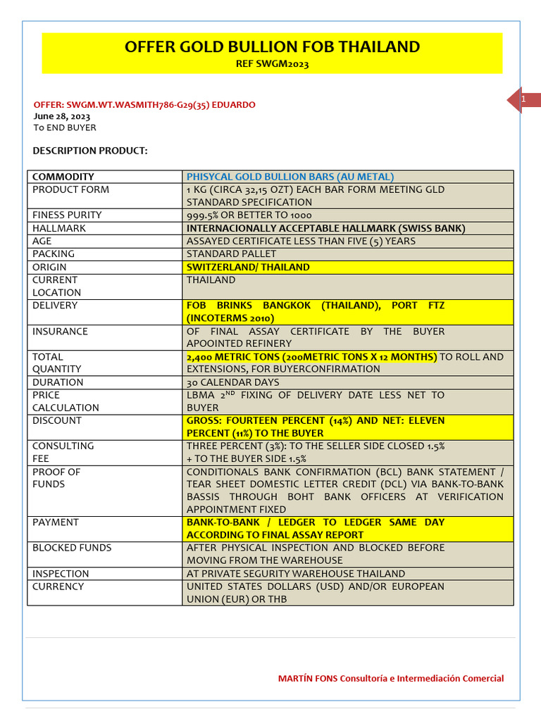 SCO GOLD BULL FOB - THAIL Swi HI 14% 11 3 | PDF | Letter Of Credit | Receipt
