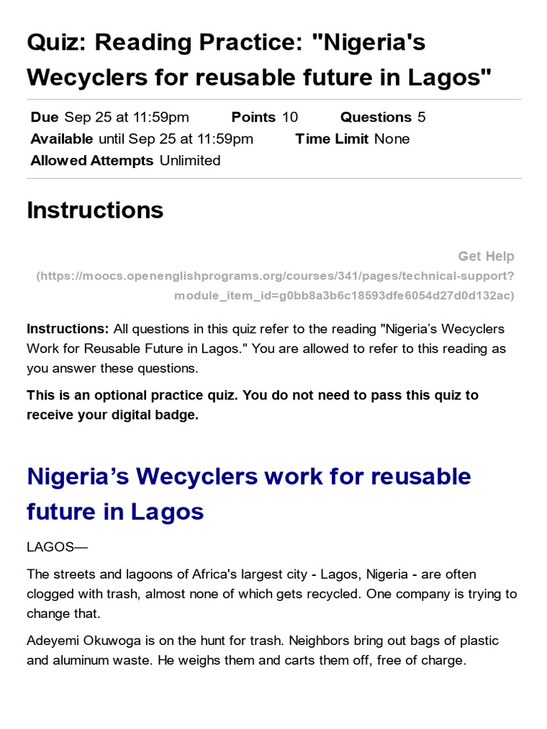 Quiz - Reading Practice - Nigeria's Wecyclers For Reusable Future in ...