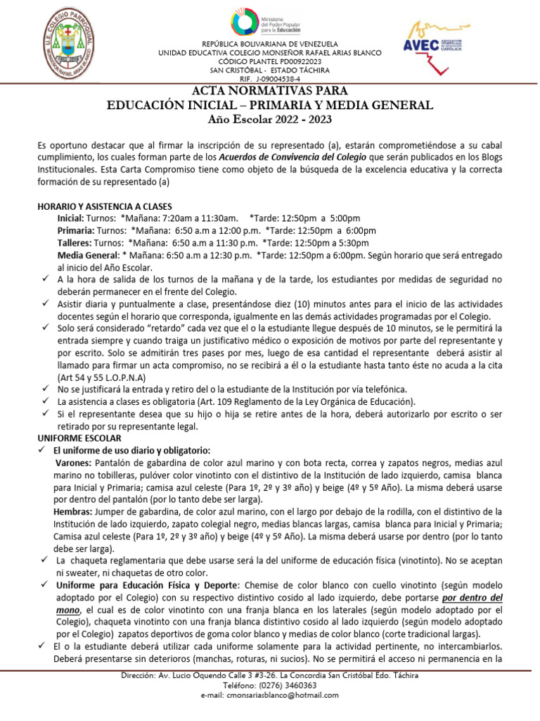 Actas de Compromiso para Educacion Inicial E28093 Primaria y Media ...