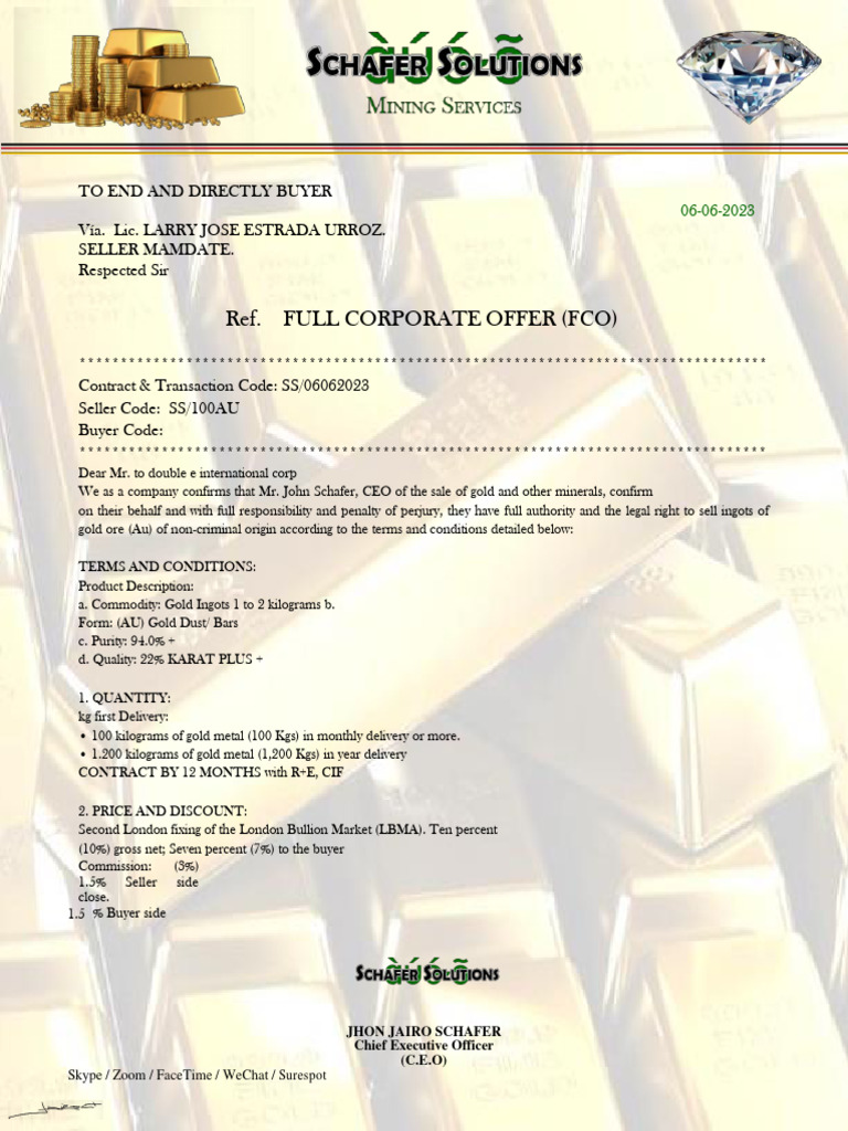 FCO GOLD Purity 94% 100k Month 10% 7 Clos 1,5 LF - HI | PDF | Letter Of Credit | Sales