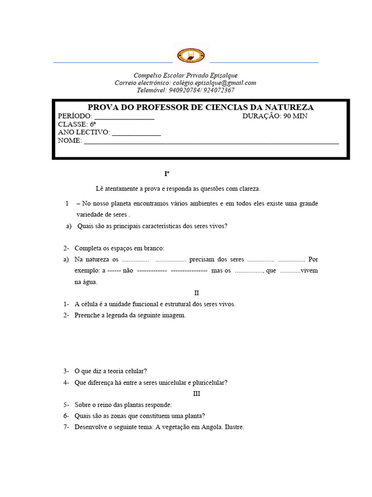 Prova de CIENCIAS DA NATUREZA | PDF