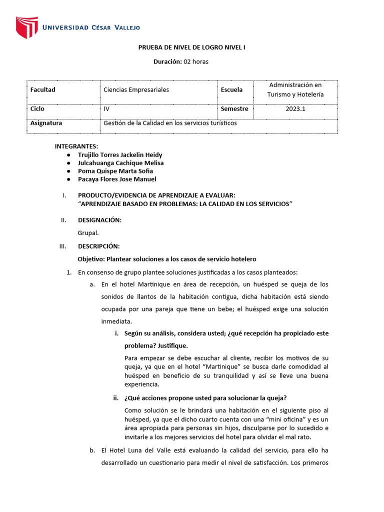 ATH - PRUEBA DE NIVEL DE LOGRO Nivel 1 v3 | PDF | Calidad (comercial) | Hotel