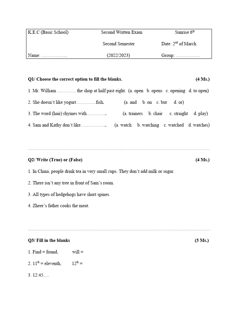 Second Written Exam for Basic School | PDF | Games & Activities ...