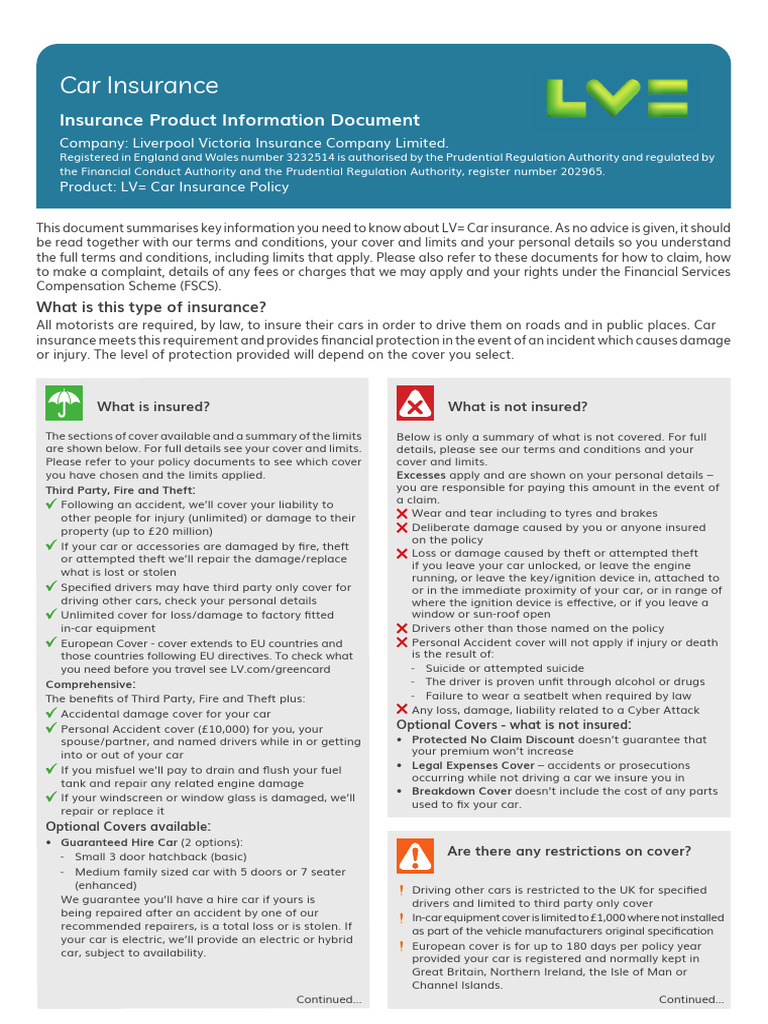Car Insurance Product Information Document | PDF | Vehicle Insurance ...