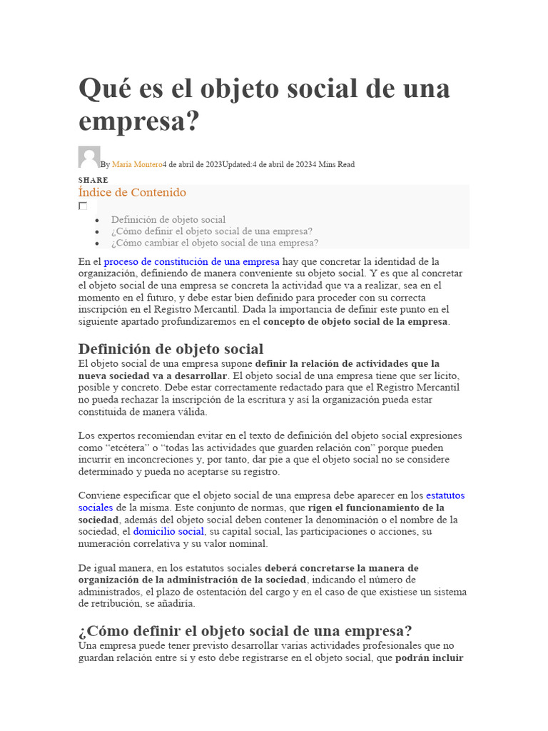 Qué Es El Objeto Social de Una Empresa | Descargar gratis PDF ...