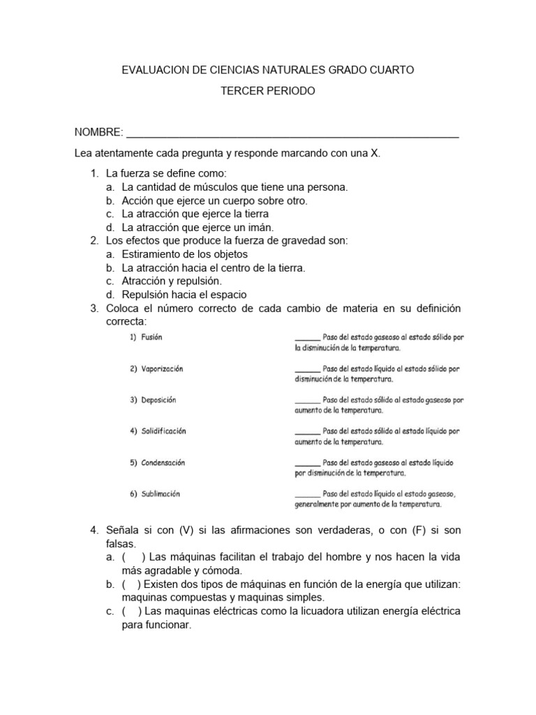 Evaluacion de Ciencias Naturales Grado Cuarto | PDF