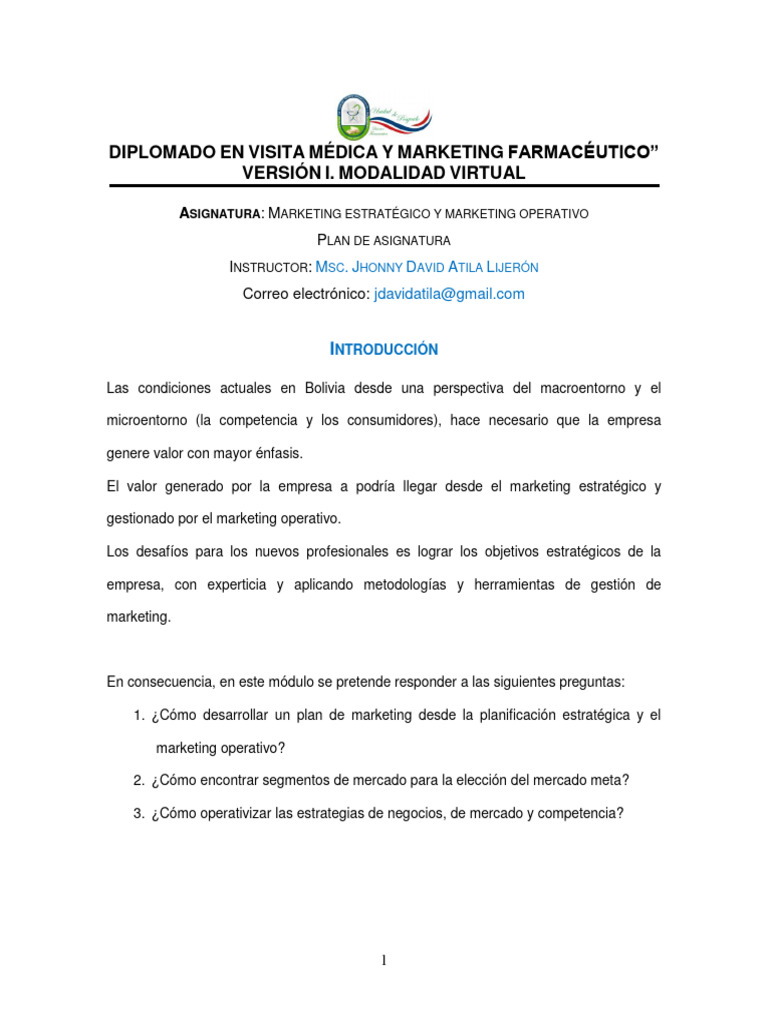 Plan de Asignatura MKTG Est y MKT Op v1 | PDF | Marketing | Planificación estratégica