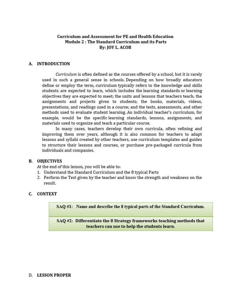 Standard Curriculum and Parts | PDF | Curriculum | Differentiated ...