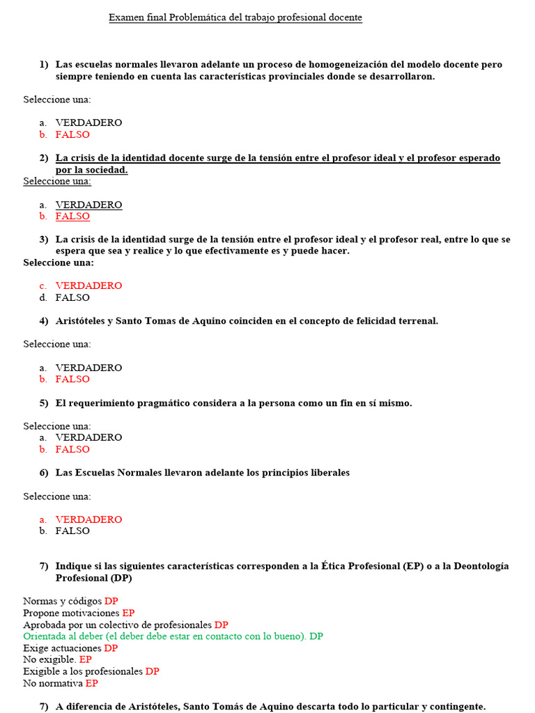 Examen Final Problemática Del Trabajo Profesional 18 Preguntas | PDF | Educación más alta | Maestros