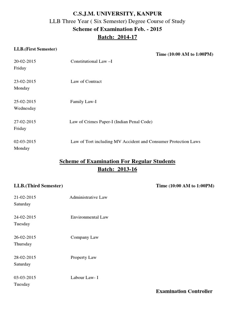 Csjmu LLB Exam Timetable 18215 | PDF | Academic Term | Justice