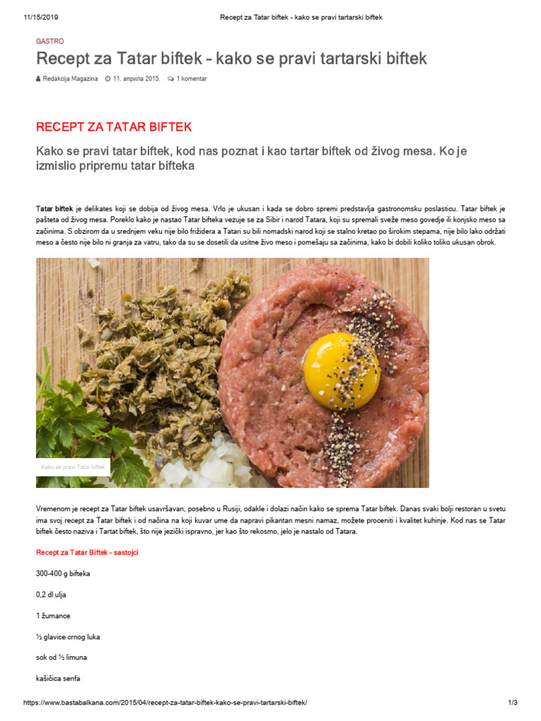 Recept Za Tatar Biftek - Kako Se Pravi Tartarski Biftek | PDF