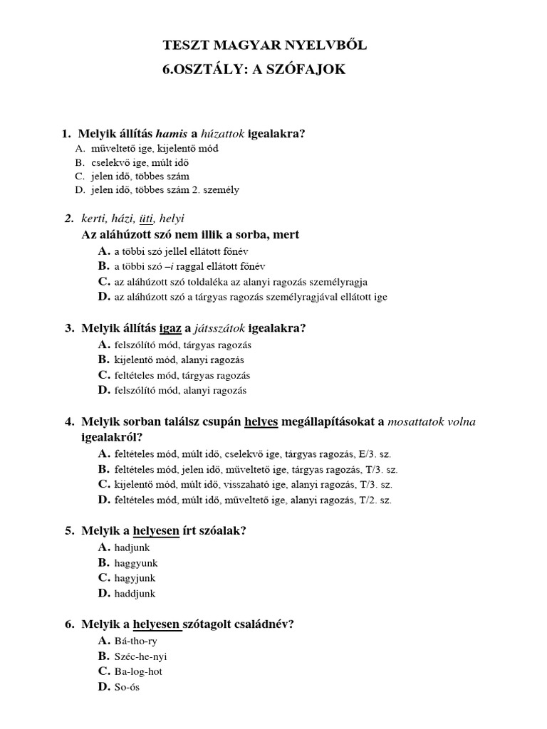 TESZT MAGYAR NYELV 6.osztaly-Converted | PDF
