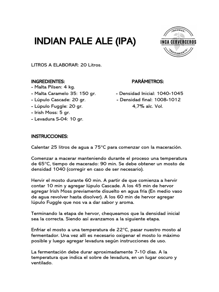 Receta de Indian Pale Ale (IPA) 20L | PDF