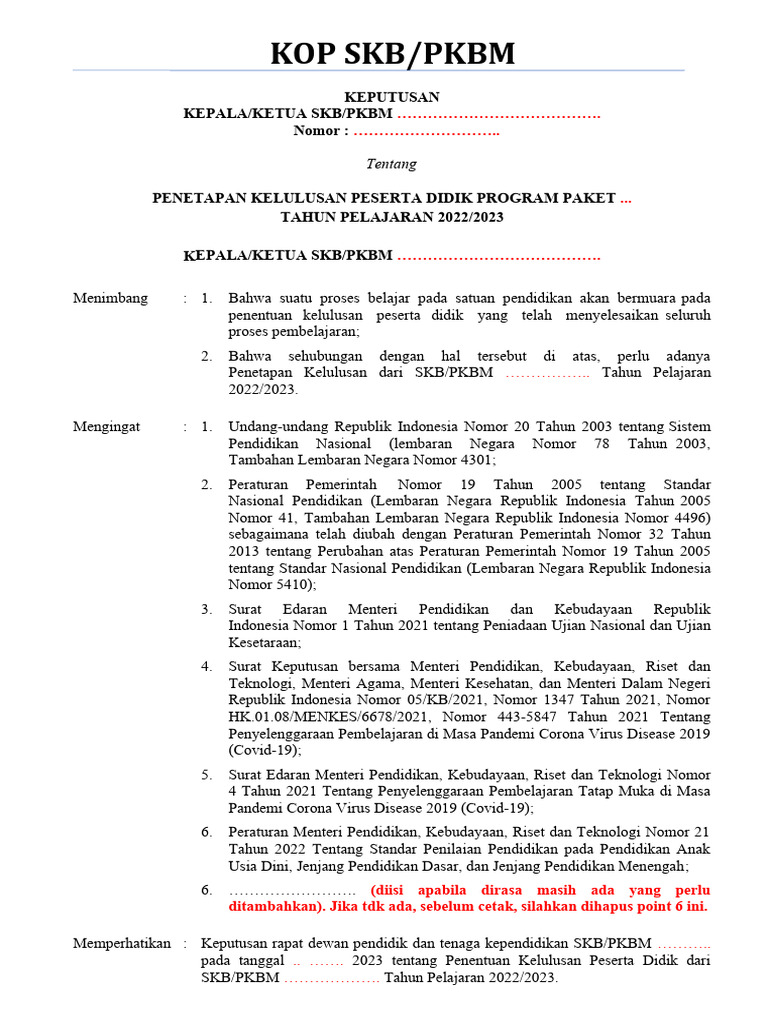 Draft SKEP Penetapan Kelulusan Paket ABC 2023 | PDF