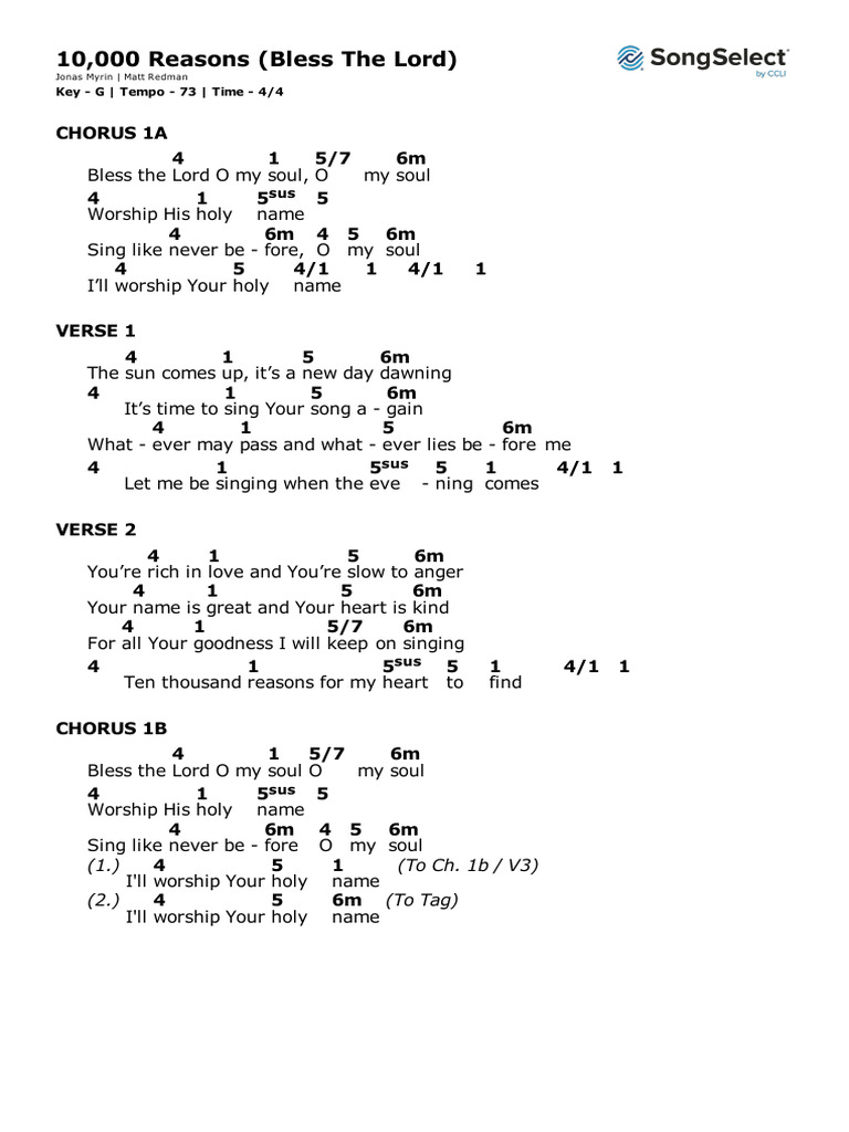 10 000 Reasons Bless The Lord G | PDF | Christian Music | Songs