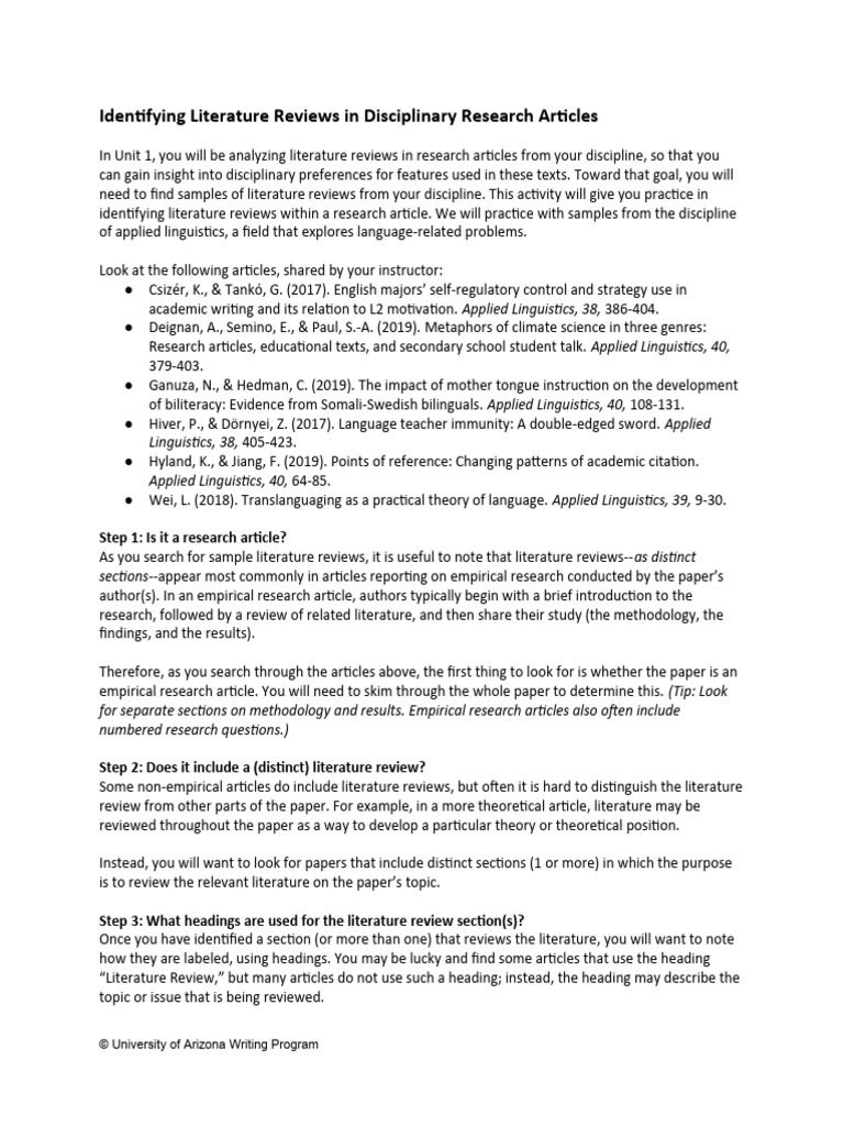 Identifying Literature Reviews in Disciplinary Research Articles (1 ...