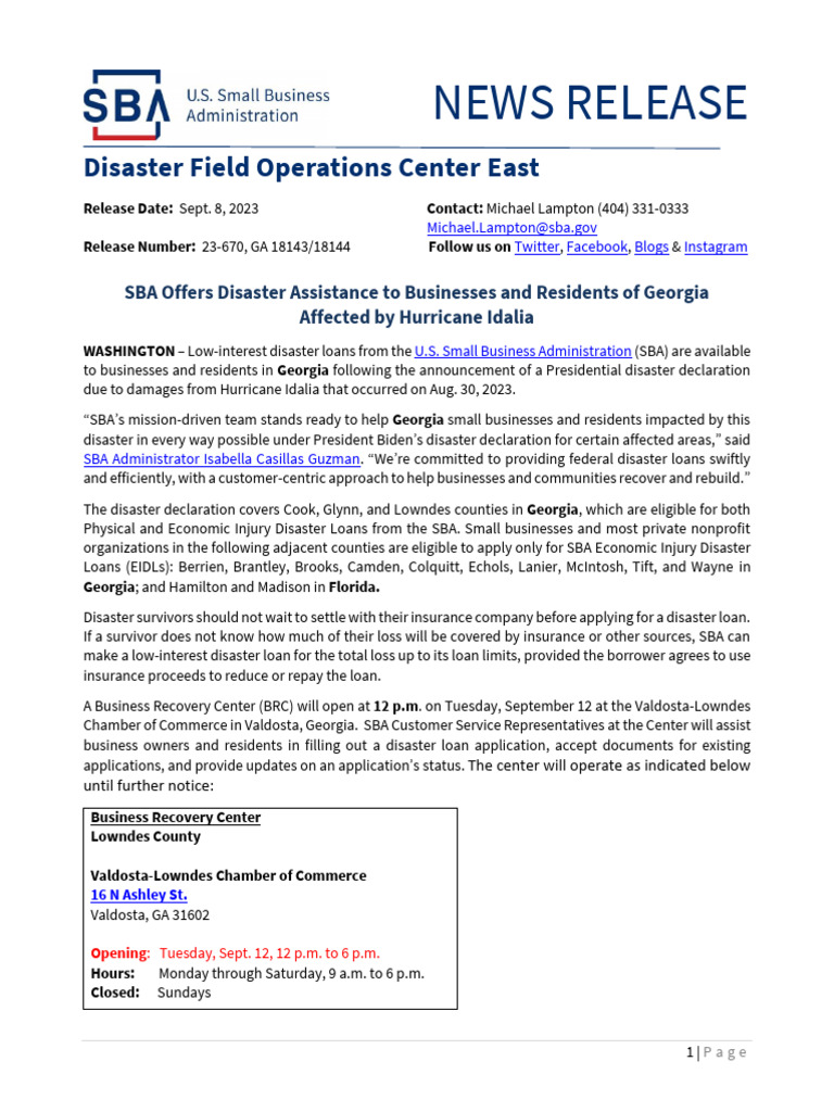SBA Offers Disaster Assistance To Businesses and Residents of Georgia ...
