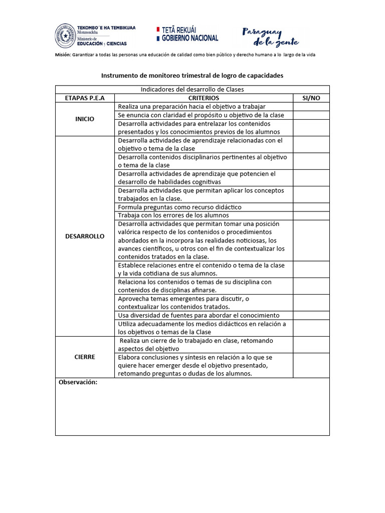 OBservacion DE CLASE EEB 1° Y 2° CICLO | PDF | Aprendizaje | Enseñando
