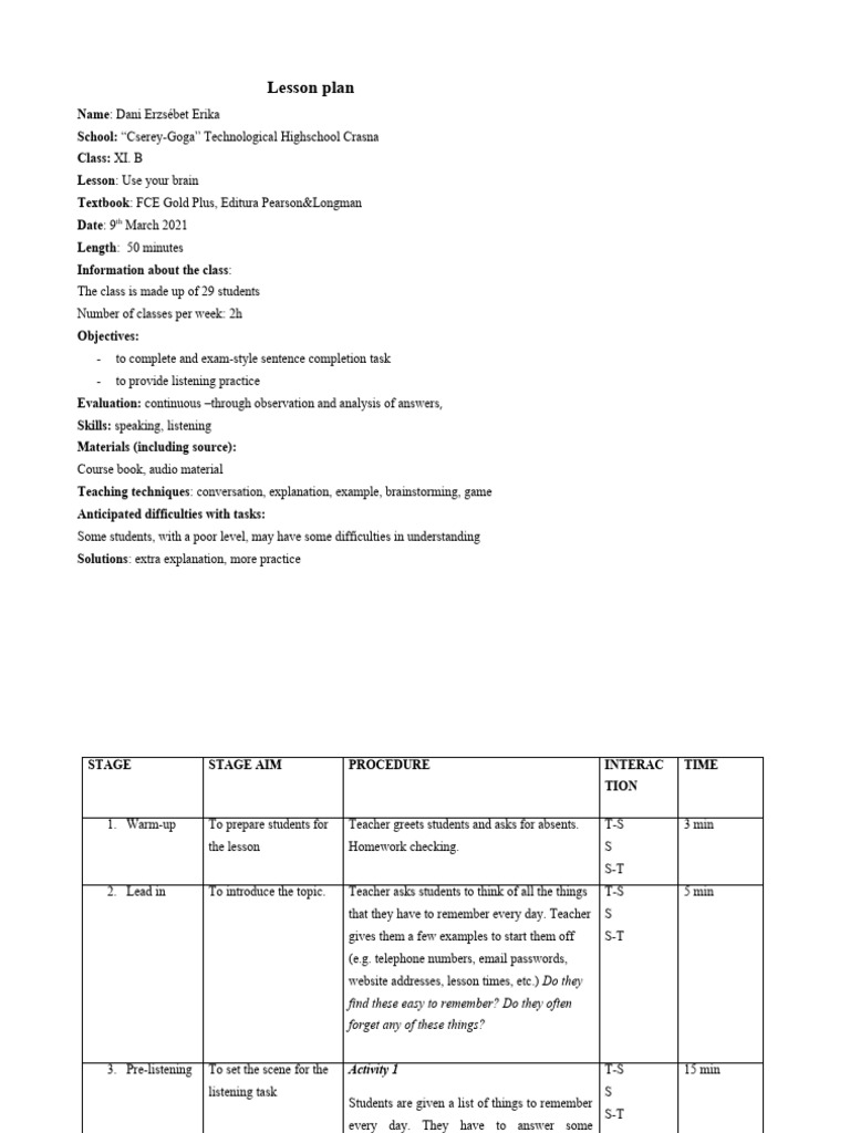 Lesson Plan 11 | PDF | Lesson Plan | Cognition