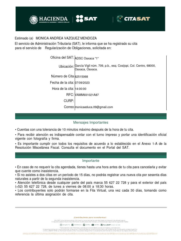 Cita SAT: Requisitos y Ubicación | PDF