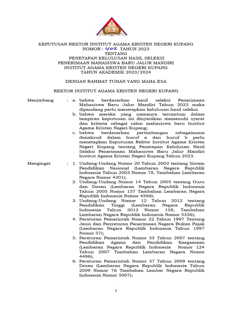 SK Kelulusan Seleksi Maba Jalur Mandiri 2023 Perubahan | PDF
