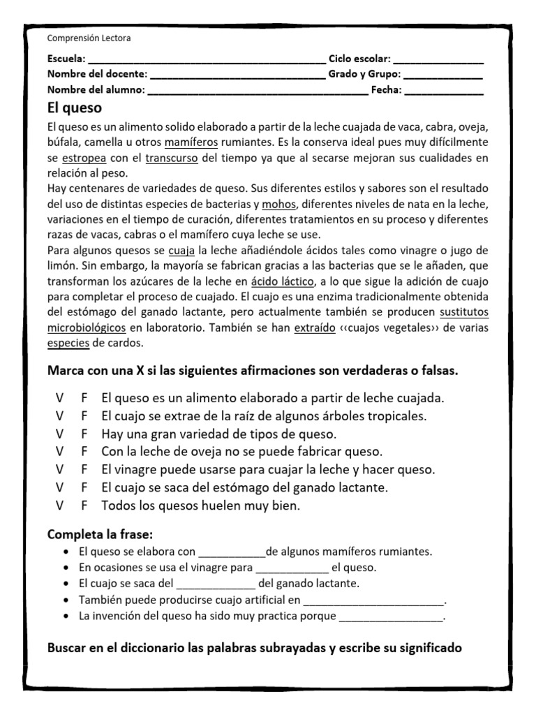 Lecturas para La Compresión Lectora | PDF | Queso | Leche
