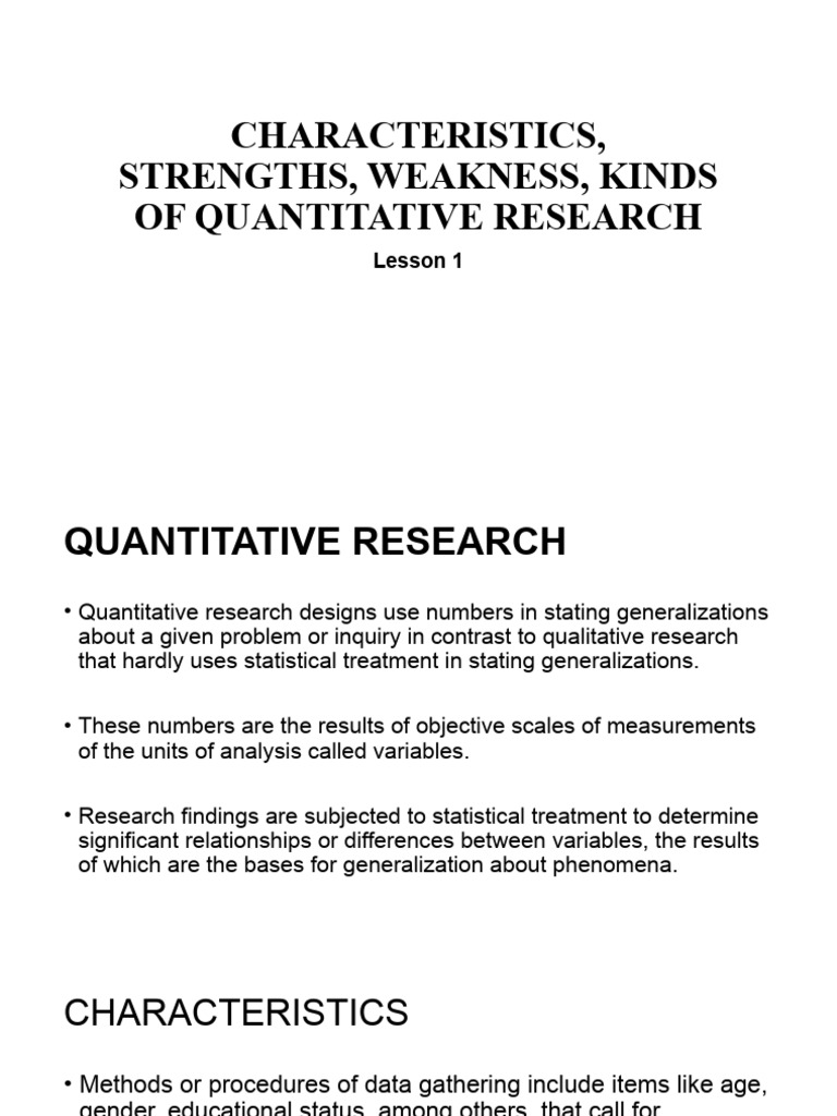 Week 1 Lesson 1 Characteristics Strength Weaknesses Kinds of Quantitative Research | PDF ...