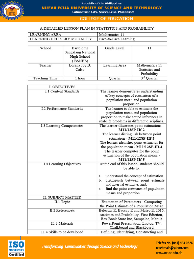 Unit 4 Lessson 1 Detailed Lesson Plan | PDF | Estimator | Variance