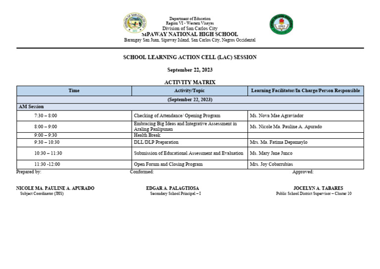 SLAC-AP Matrix 2023-2024 (1st Quarter) | PDF