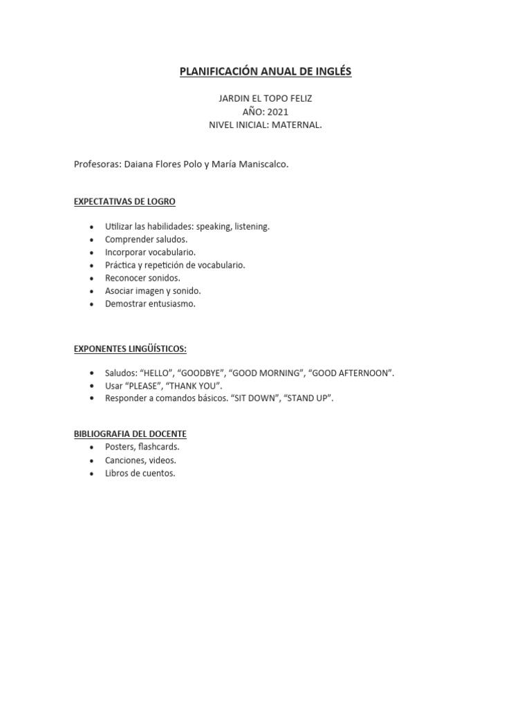 Planificación Anual Nivel Inicial de Inglés 2022 | PDF