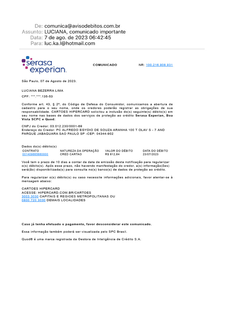 LUCIANA, Comunicado Importante | PDF