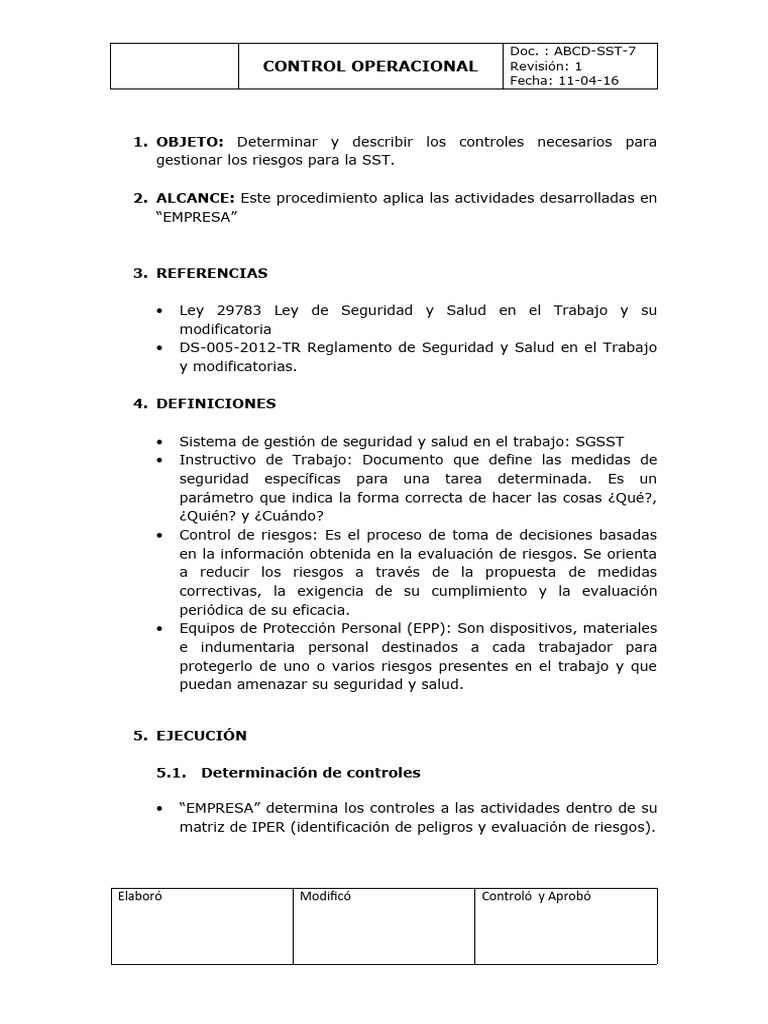 Modelo Procedimiento Control Operacional | PDF | Seguridad y salud ...