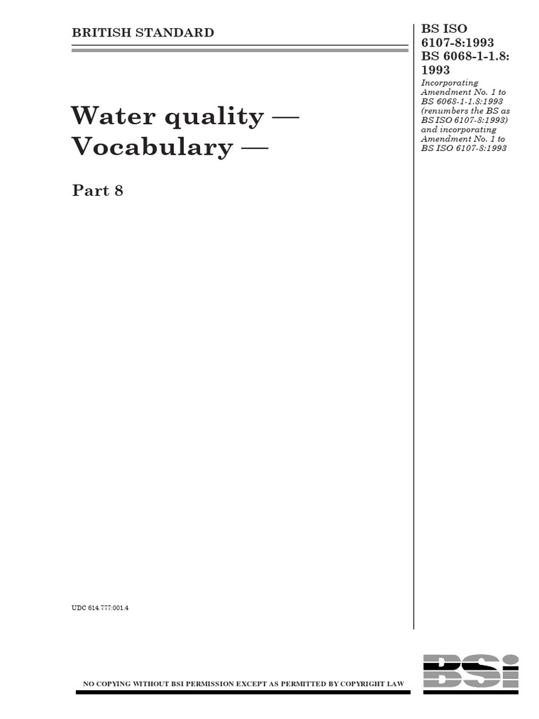 Water Quality - Vocabulary - : British Standard Bs Iso 6107-8:1993 BS ...