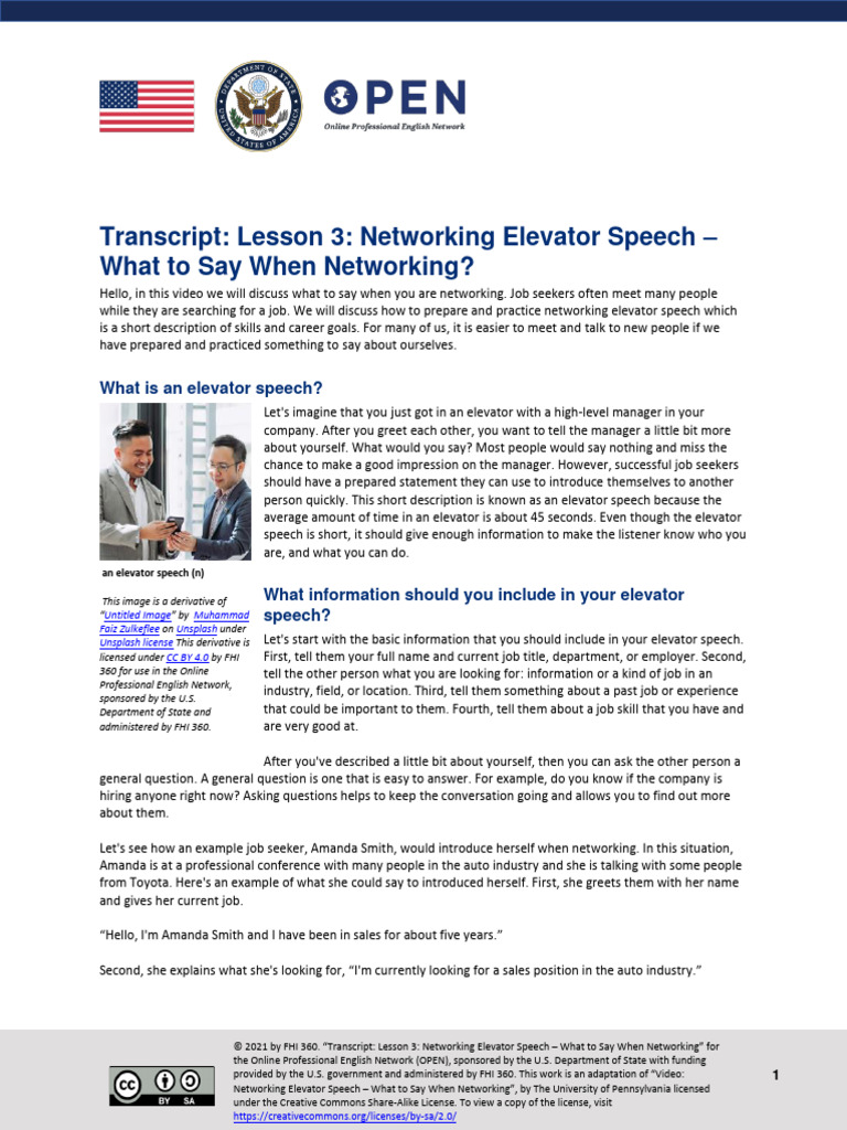 Transcript Lesson 3 Networking Elevator Speech What To Say | PDF