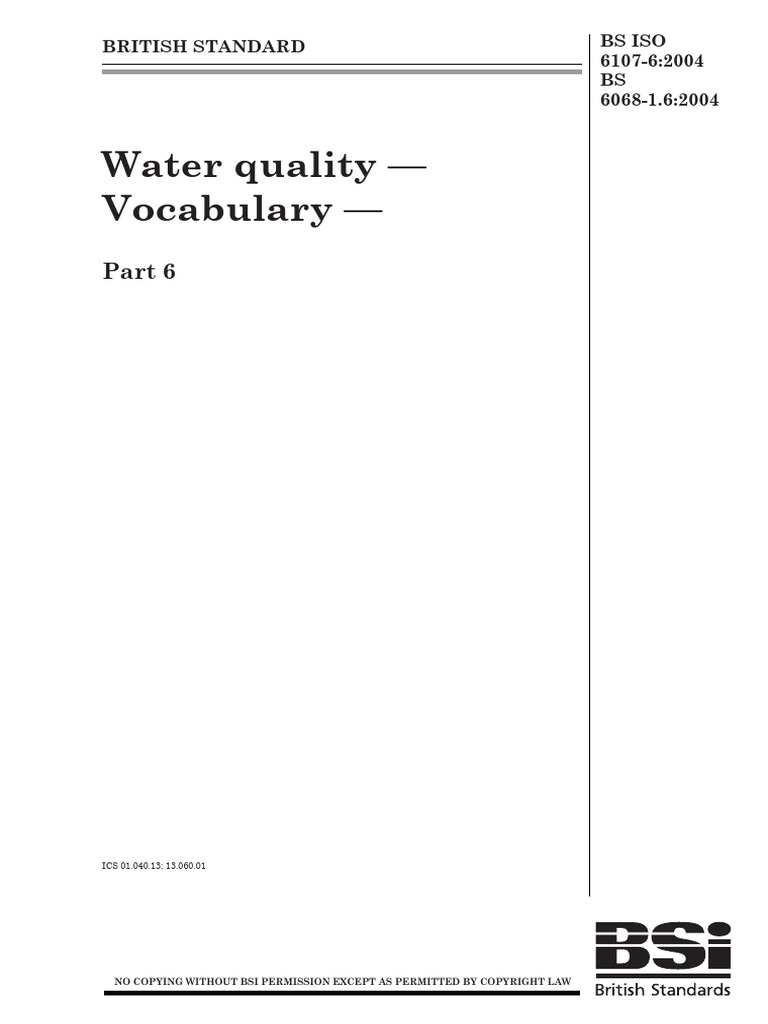 Water Quality - Vocabulary - : British Standard Bs Iso 6107-6:2004 BS ...