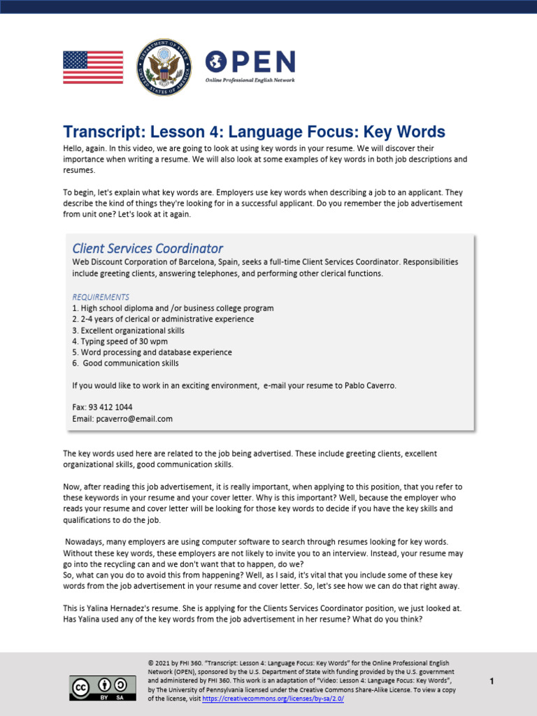 Transcript Lesson 4 Language Focus Key Words | PDF | Résumé | Human Communication