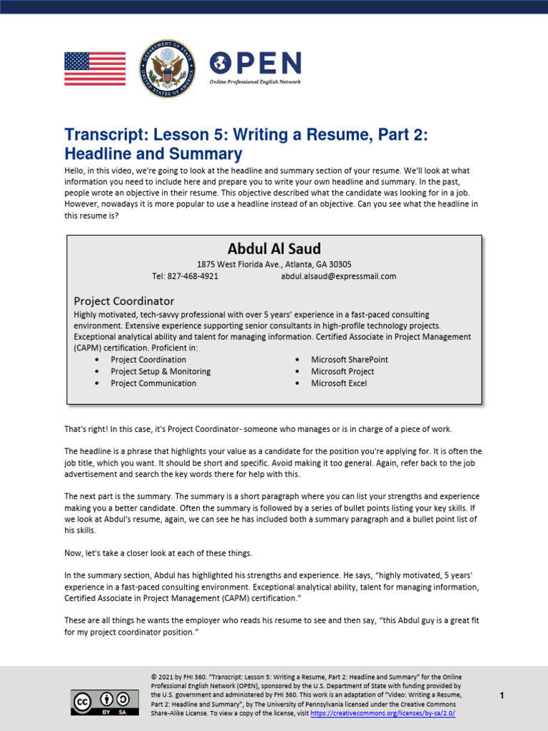 Transcript Lesson 5 Writing A Resume Part 2 Headline and Summary ...