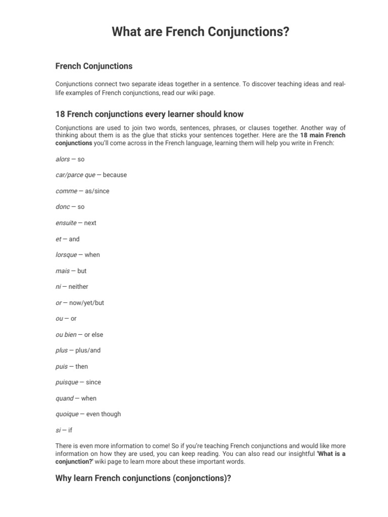 French Conjunctions - Teaching Wiki - Twinkl | PDF | Linguistics | Grammar