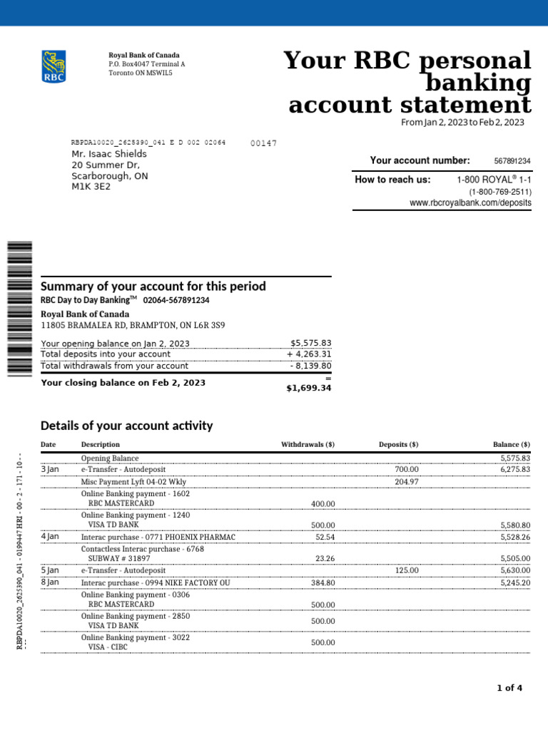 Isaac Shields RBC Bank Statement | PDF | Cheque | Banks
