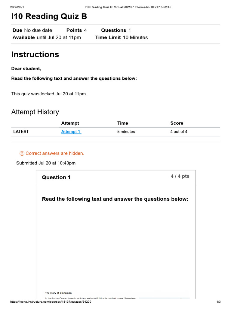 I10 Reading Quiz B Virtual 202107 Intermedio 10 21 15-22 45 | PDF