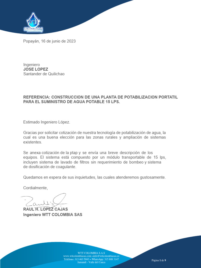 Cotizacion Ptap 15 Lps - Raul Lopez - 16 Jun 2023 | PDF | Agua potable ...