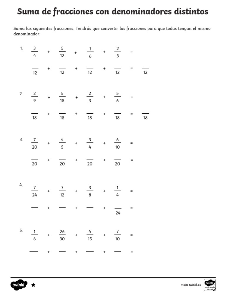 Guia de Suma de Fracciones DISTINTO DENOMINADOR | PDF