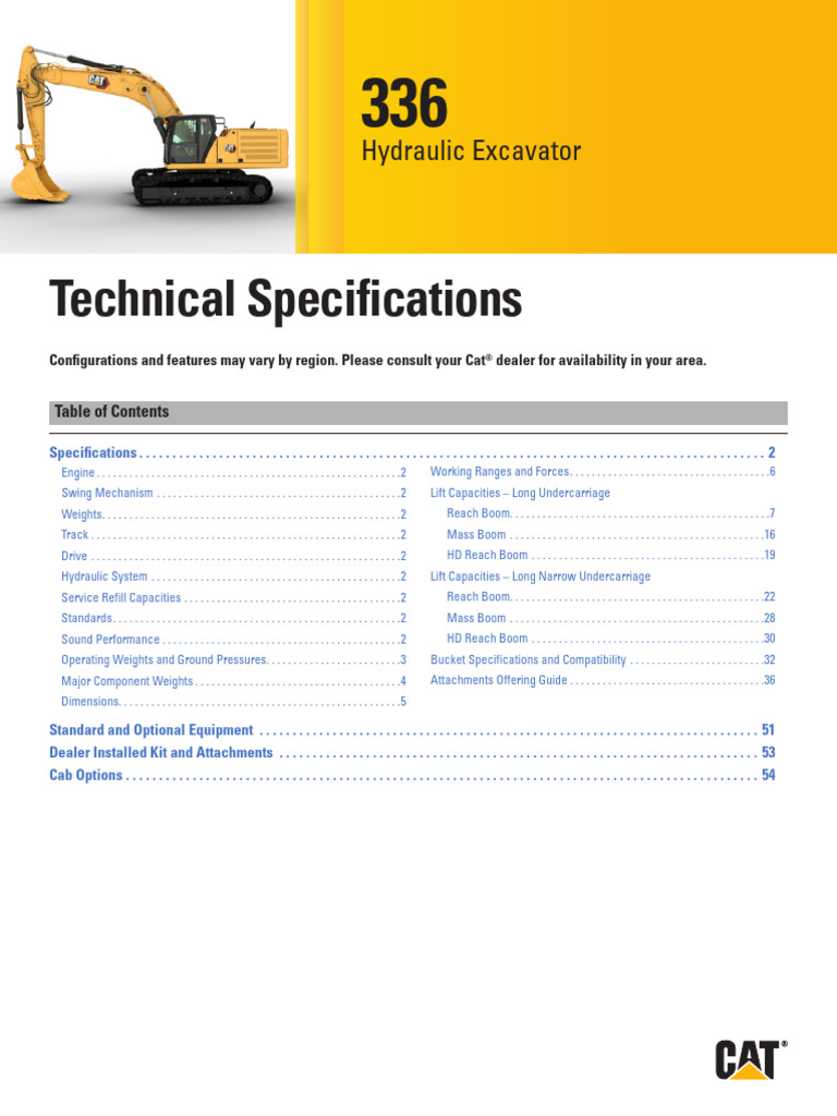 Cat 336 Hydraulic Excavator Specifiions Manual Original | Download Free PDF | Horsepower | Elevator